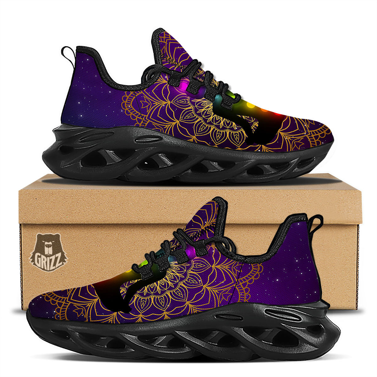 Mandala Seven Chakras Print Black Running Shoes