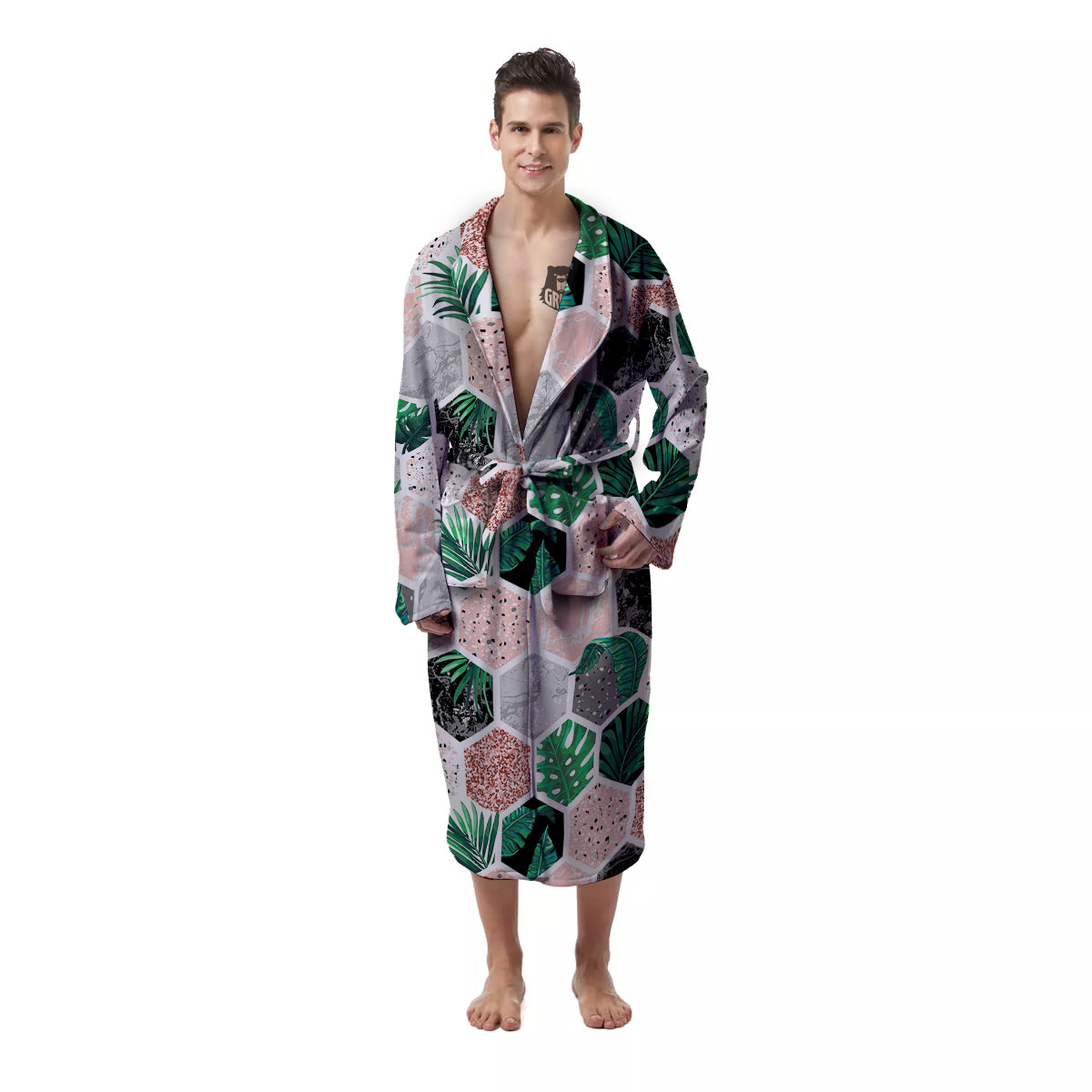 Marble Geometric And Tropical Leaves Print Men's Robe