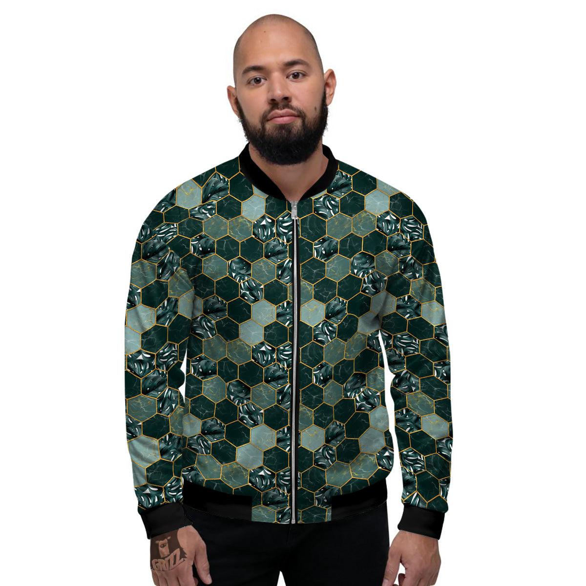 Marble Hexagon Green Tropical Print Pattern Men's Bomber Jacket