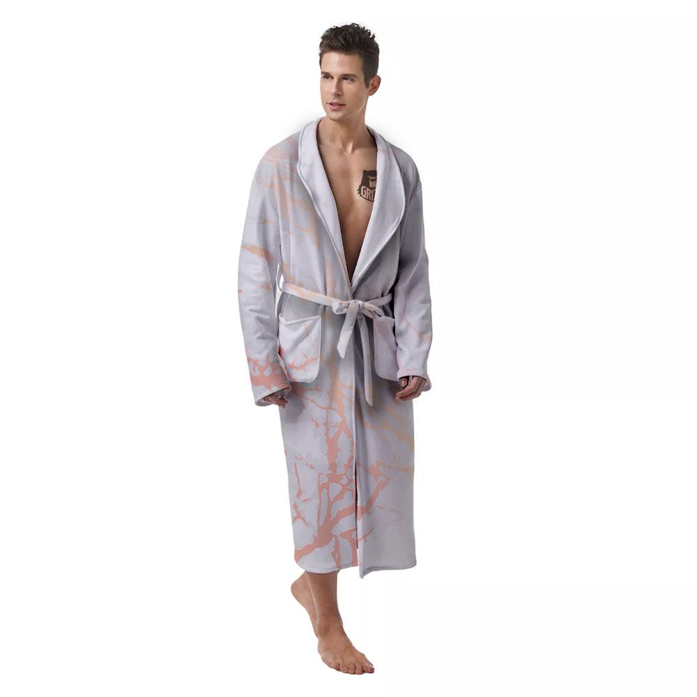 Marble White Rose Gold Print Men's Robe