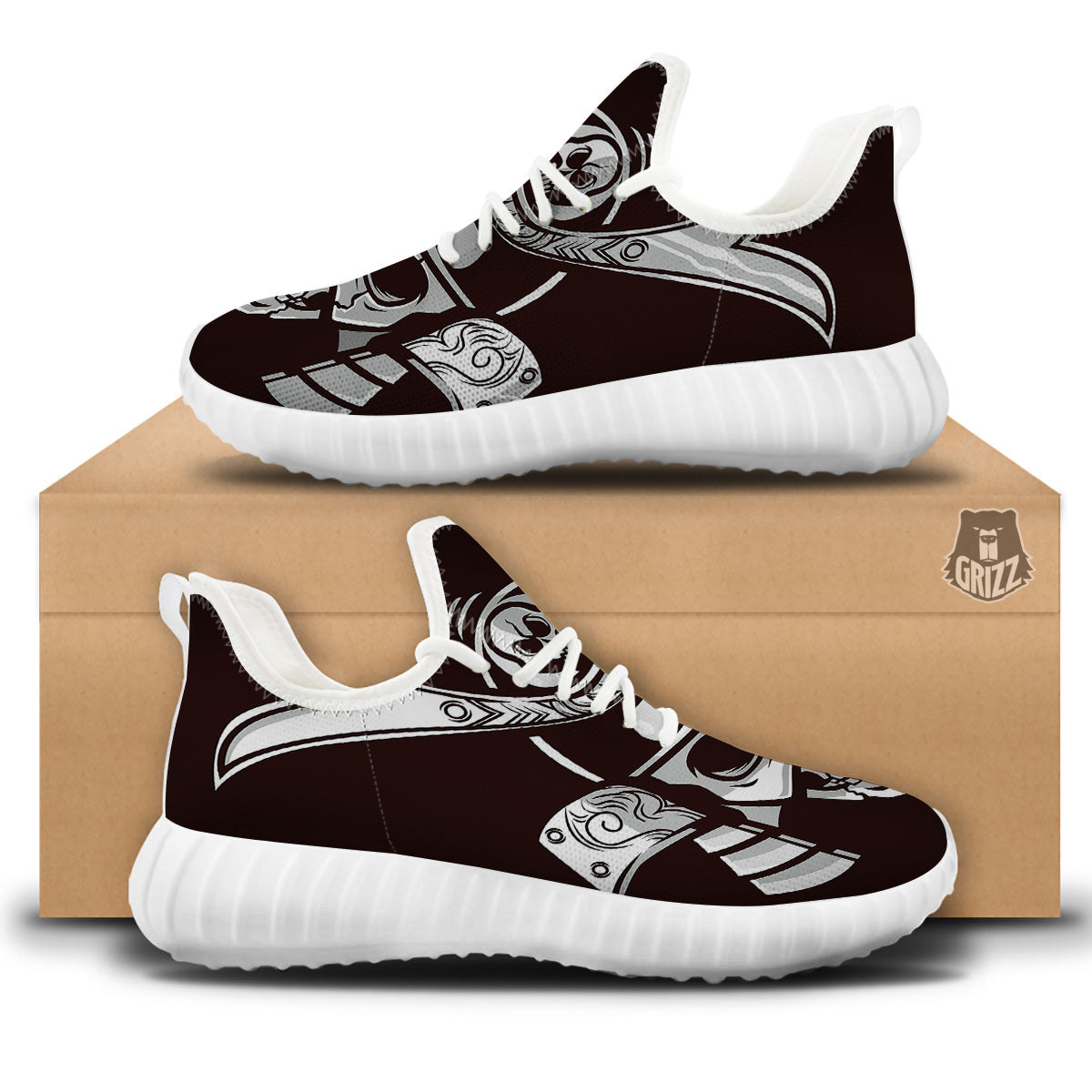 Mask Black Samurai Print White Walking Shoes
