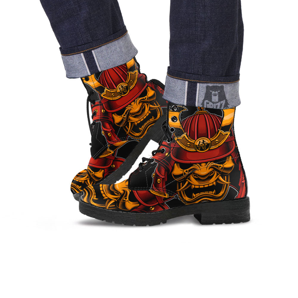 Mask Samurai Warrior Print Leather Boots