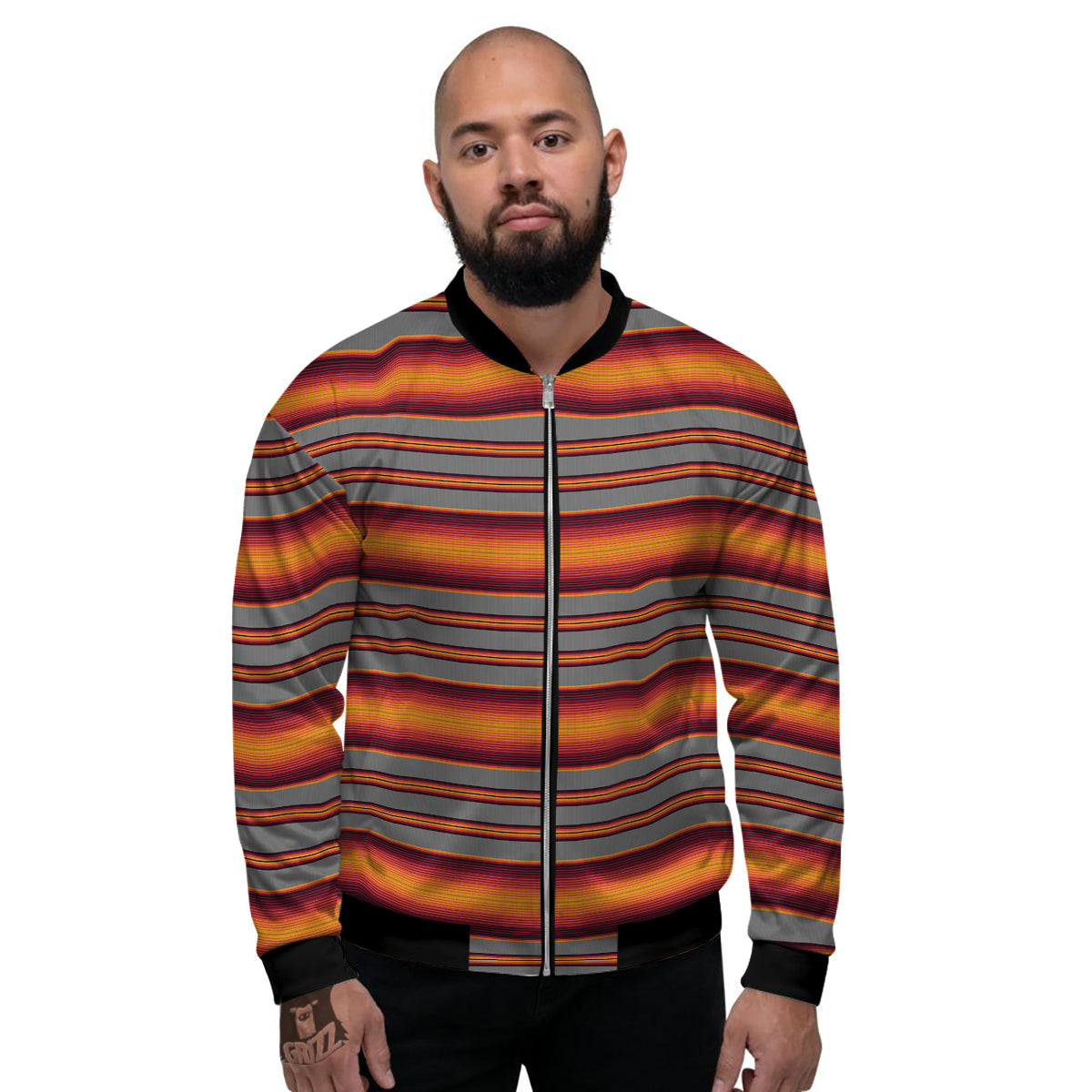 Mexican Serape Grey Orange Print Men's Bomber Jacket