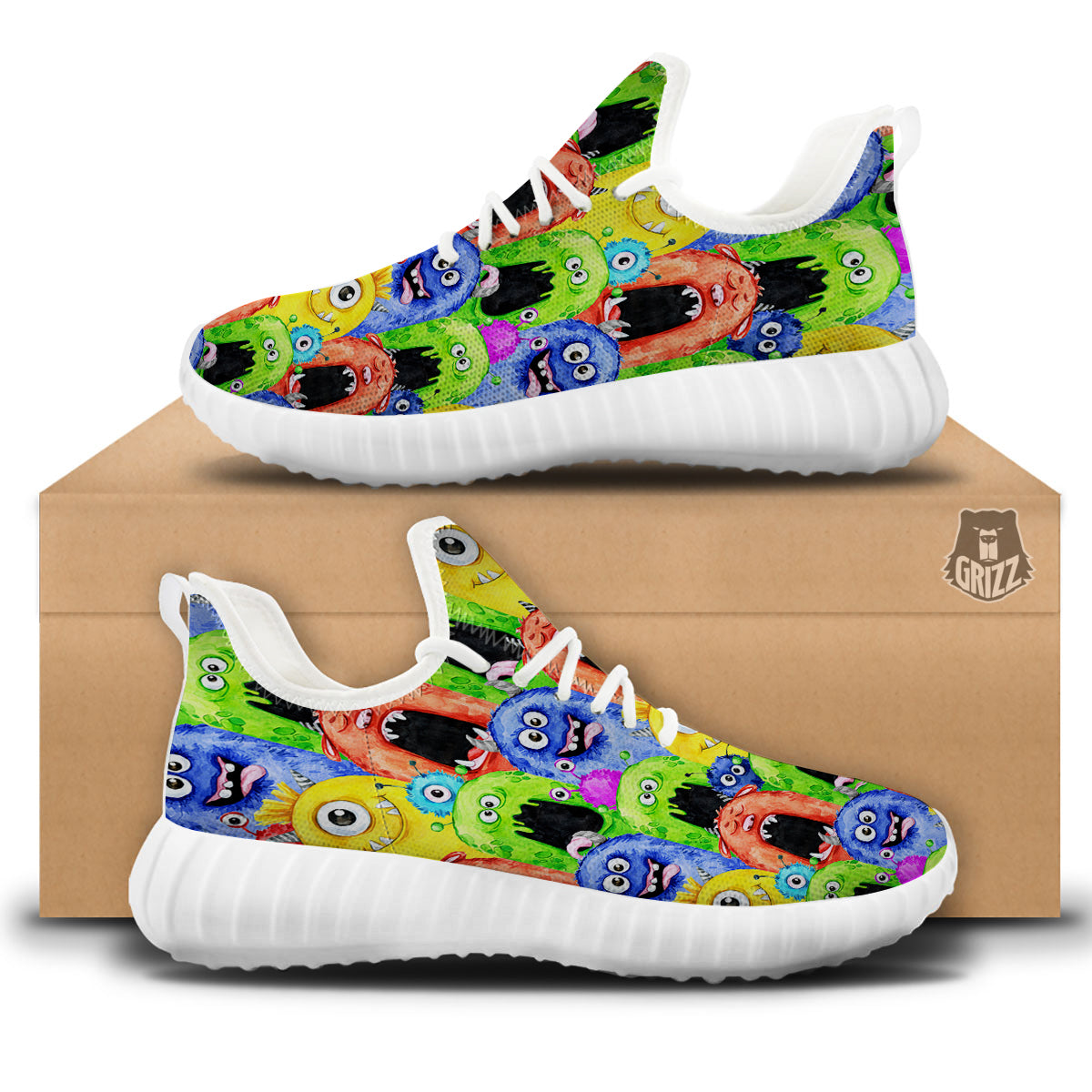 Monster Watercolor Print Pattern White Walking Shoes