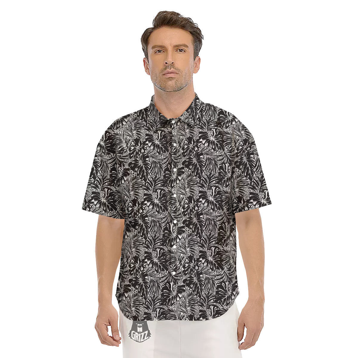 Monstera White And Black Print Pattern Men's Short Sleeve Shirts