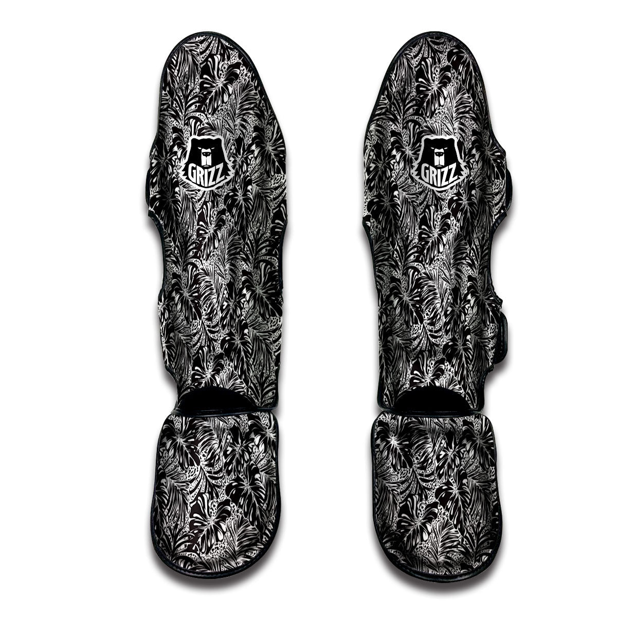 Monstera White And Black Print Pattern Muay Thai Shin Guards