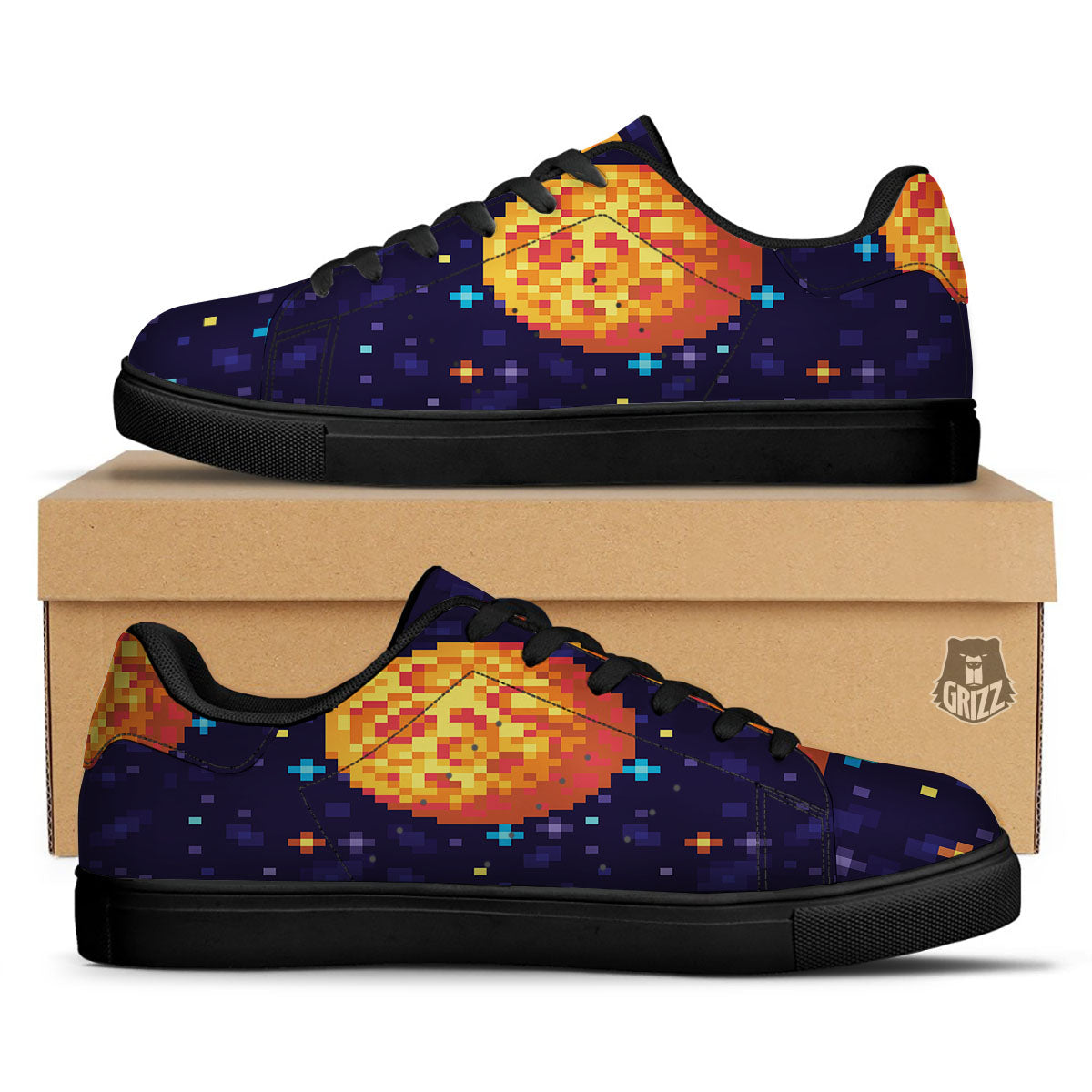 Moon 8-Bit Pixel Print Black Low Top Sneakers