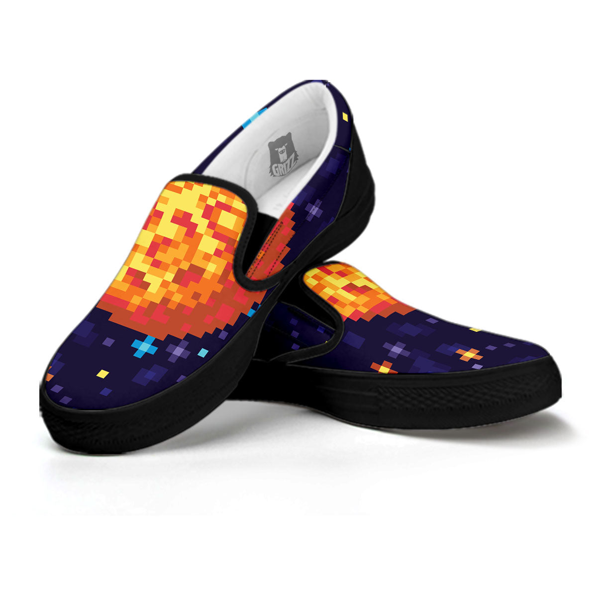 Moon 8-Bit Pixel Print Black Slip On Shoes