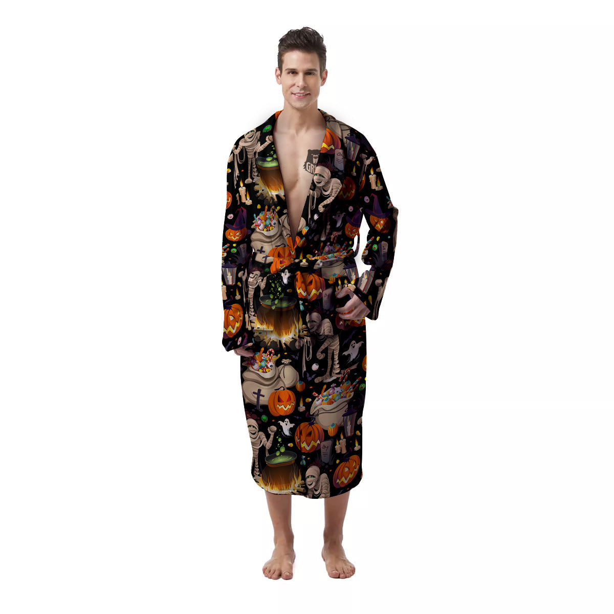 Mummy And Pumpkins Halloween Print Pattern Men's Robe