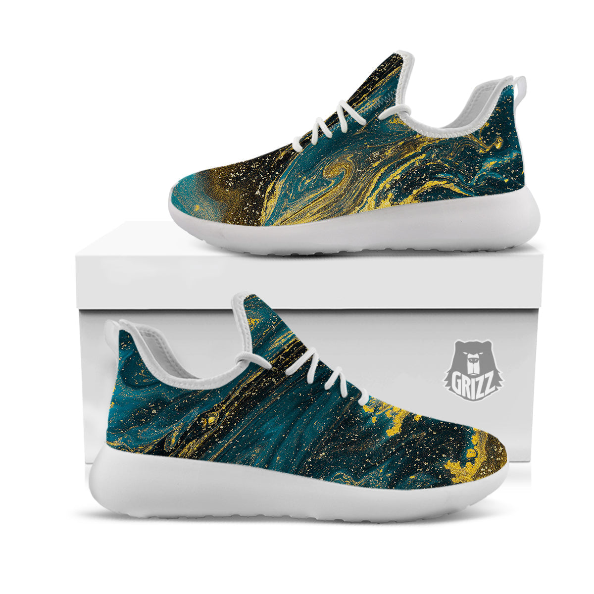 Natural Luxury Blue And Gold Marble Print White Athletic Shoes