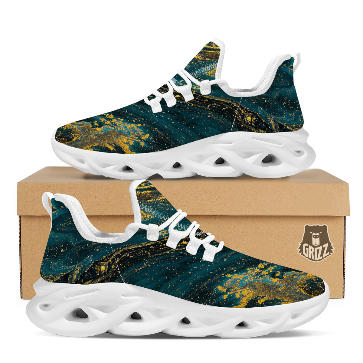 Natural Luxury Blue And Gold Marble Print White Running Shoes