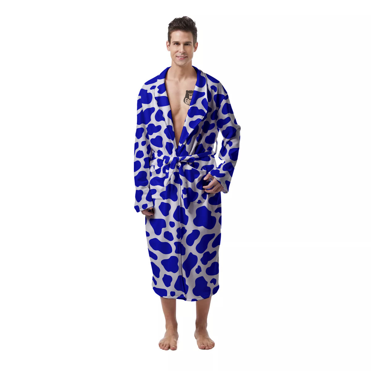 Navy Cow Print Pattern Men's Robe