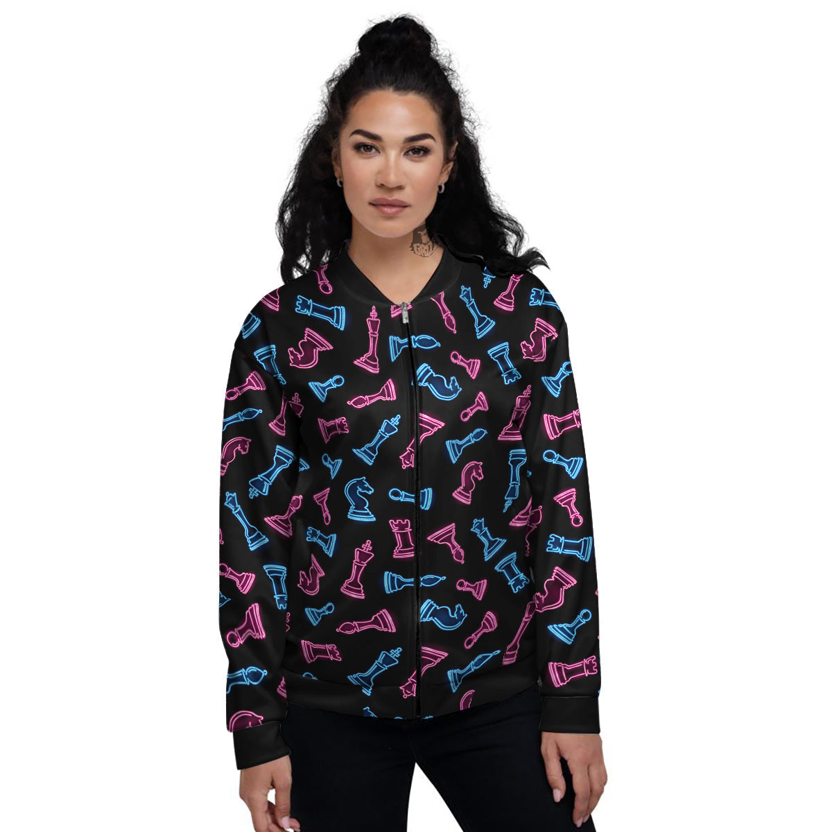 Neon Chess Pieces Print Pattern Women's Bomber Jacket