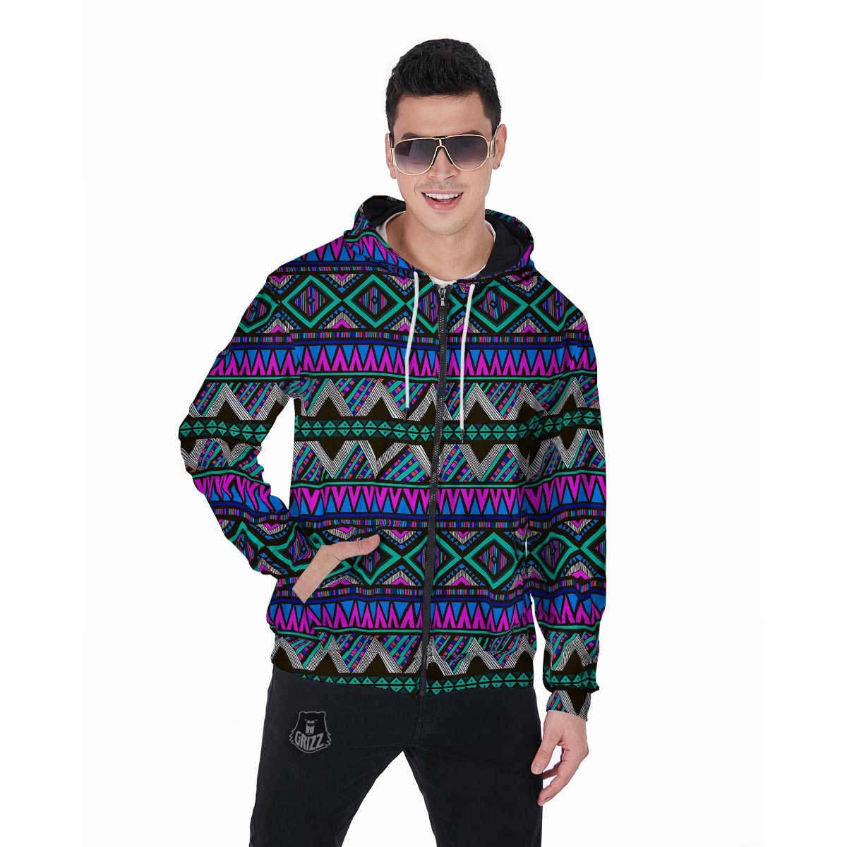 Neon Color Indian Aztec Trippy Men's Zip Up Hoodie
