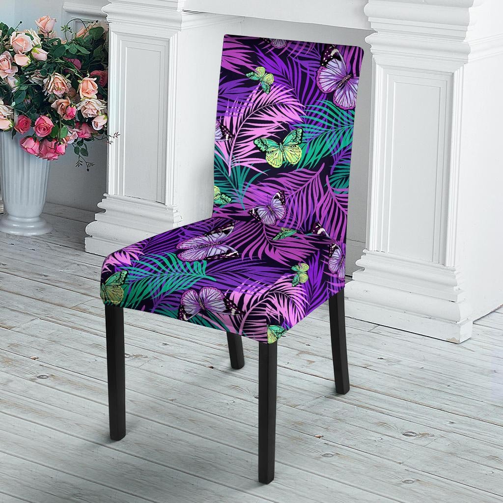 Neon Purple Tropical Palm Tree Butterfly Print Chair Cover
