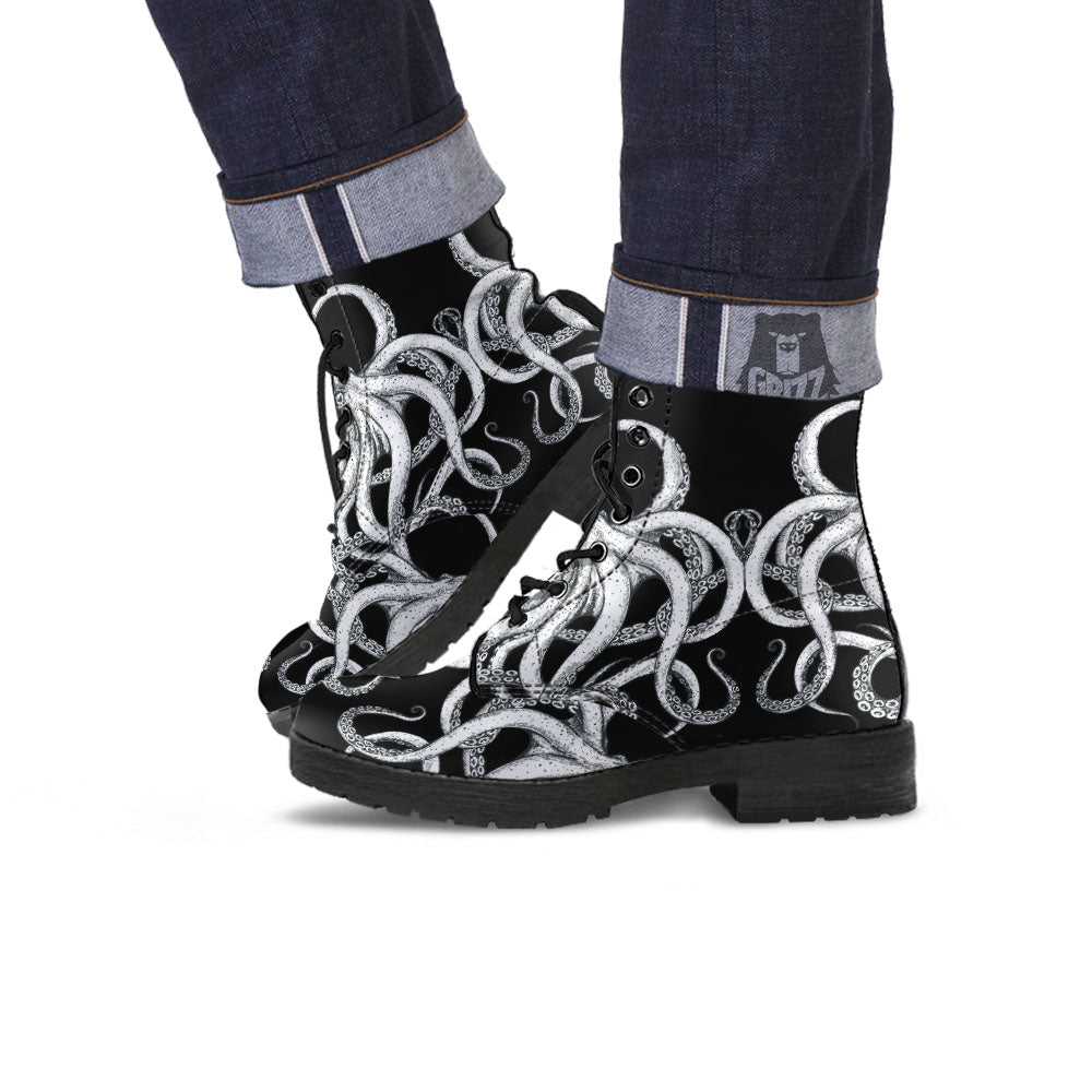 Octopus Tentacles White And Black Print Leather Boots