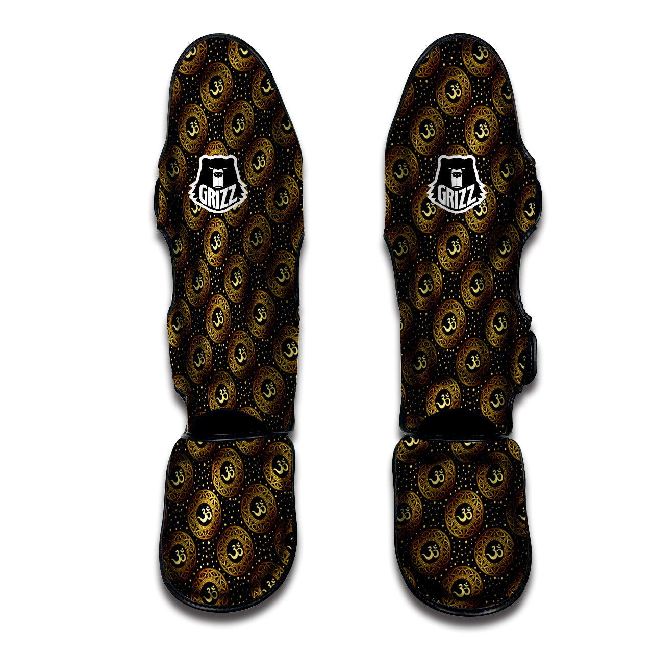 Om Symbol Gold Print Pattern Muay Thai Shin Guards