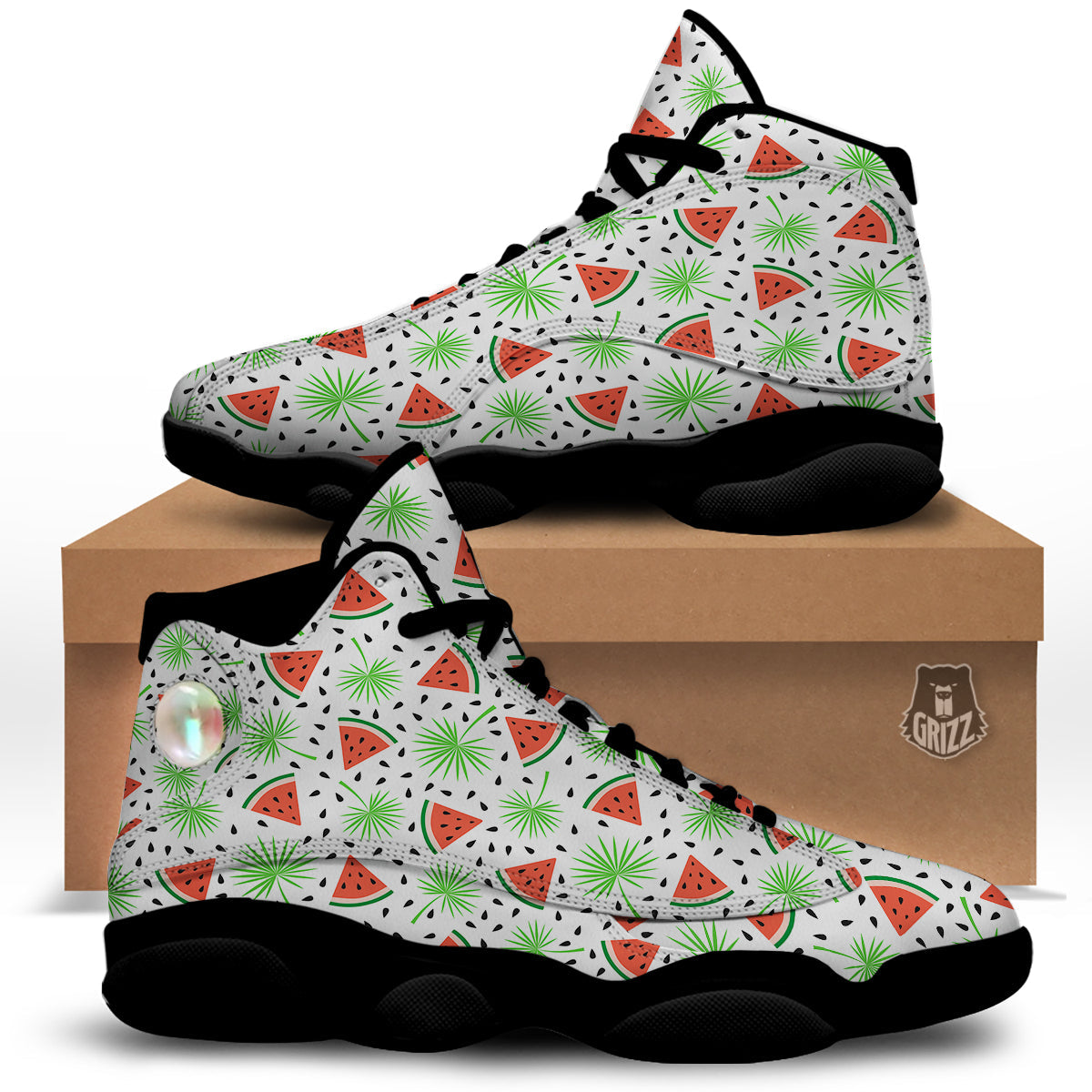 Palm Leaf Watermelon White Print Pattern Black Basketball Shoes