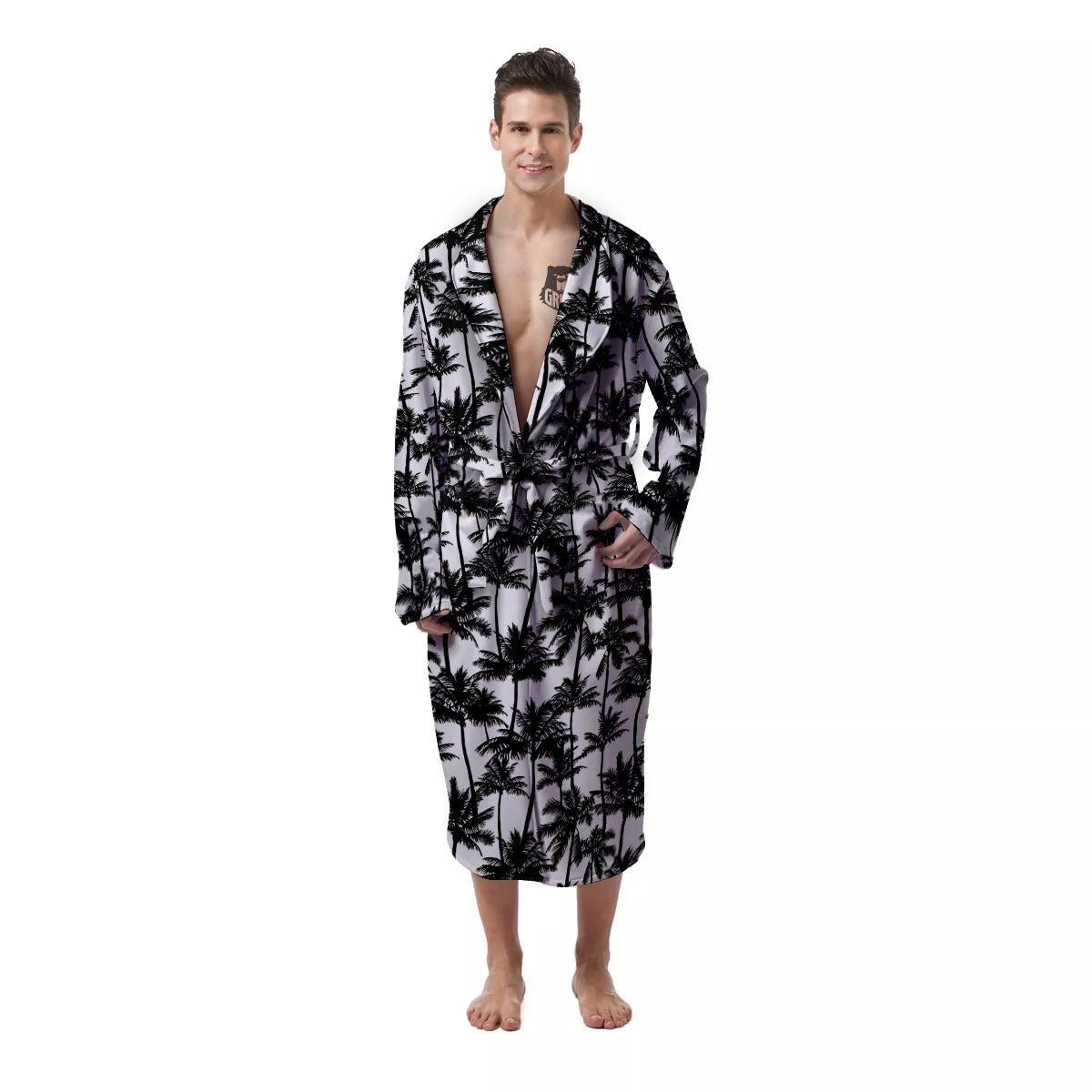 Palm Tree Black White Print Pattern Men's Robe