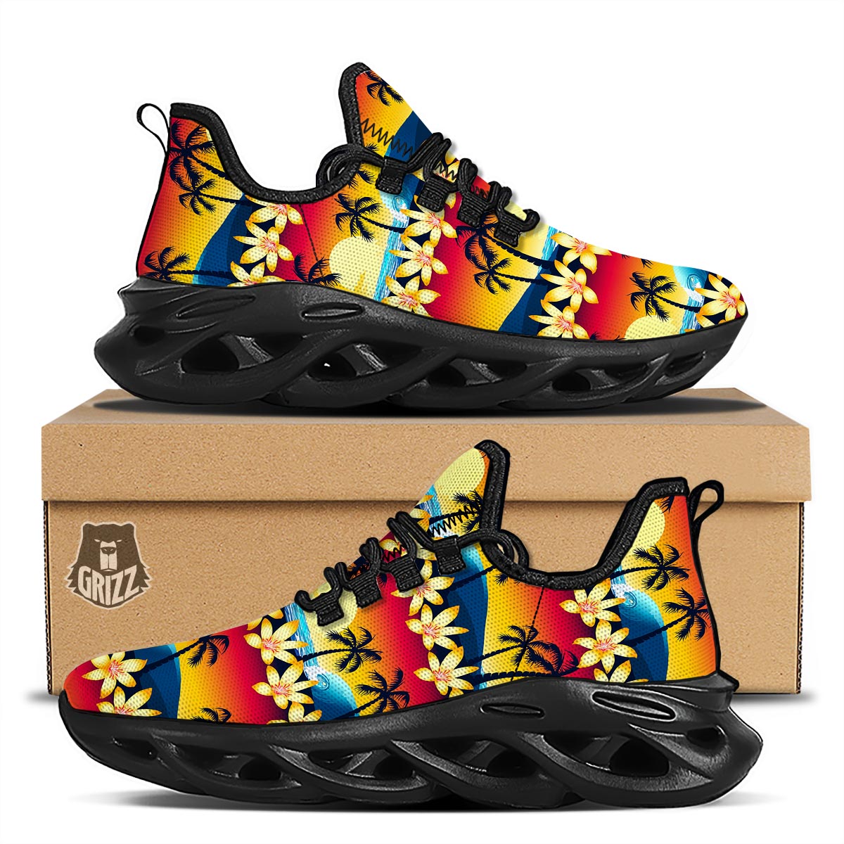 Palm Tree Sunset Hibiscus Print Pattern Black Running Shoes