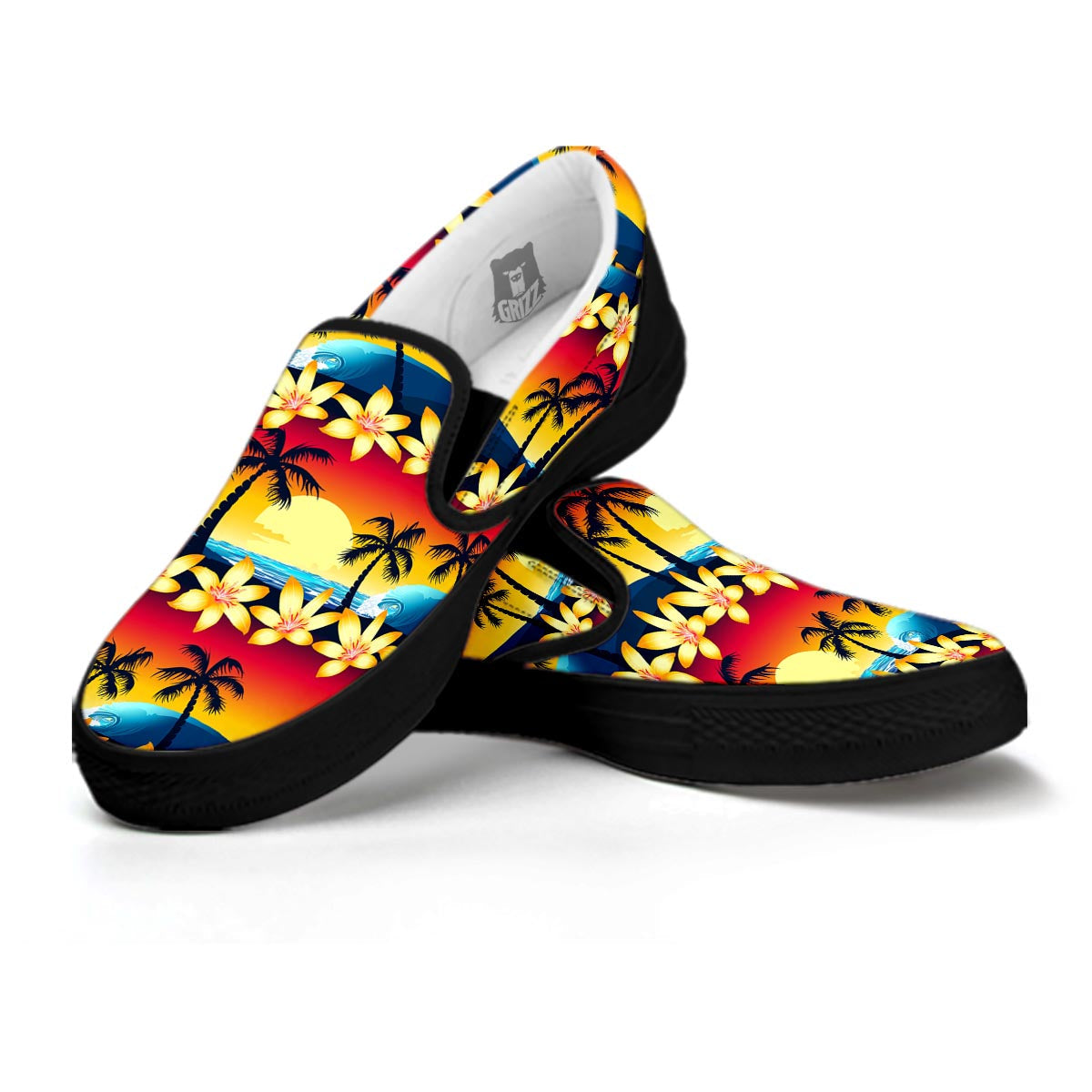 Palm Tree Sunset Hibiscus Print Pattern Black Slip On Shoes