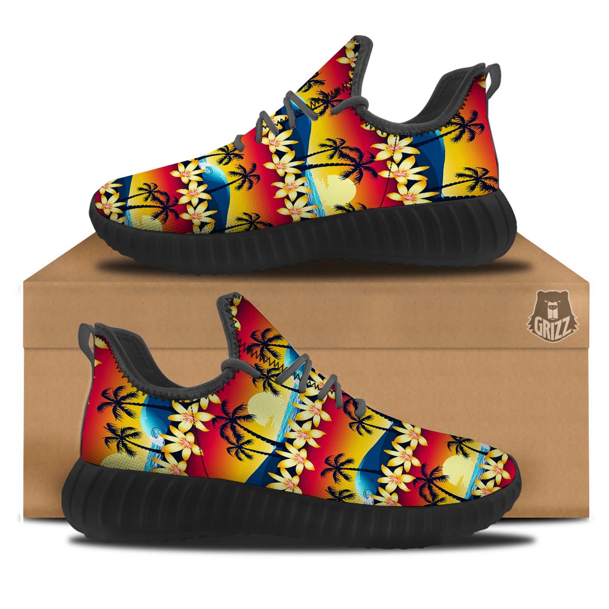 Palm Tree Sunset Hibiscus Print Pattern Black Walking Shoes