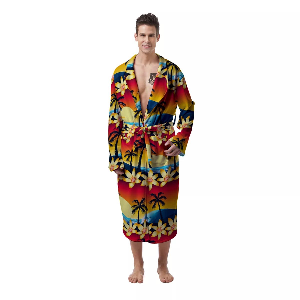 Palm Tree Sunset Hibiscus Print Pattern Men's Robe