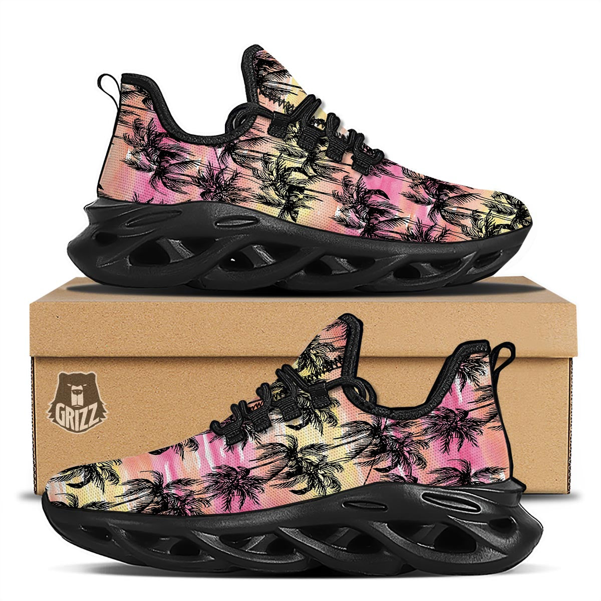 Palm Tree Sunset Print Pattern Black Running Shoes