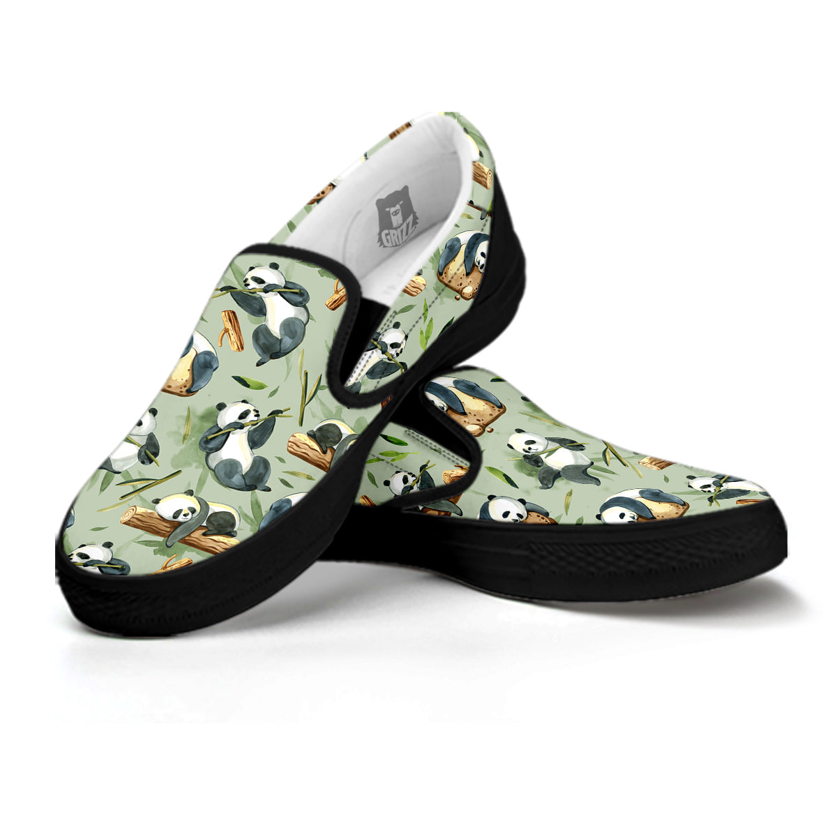 Panda Bear Watercolor Print Pattern Black Slip On Shoes