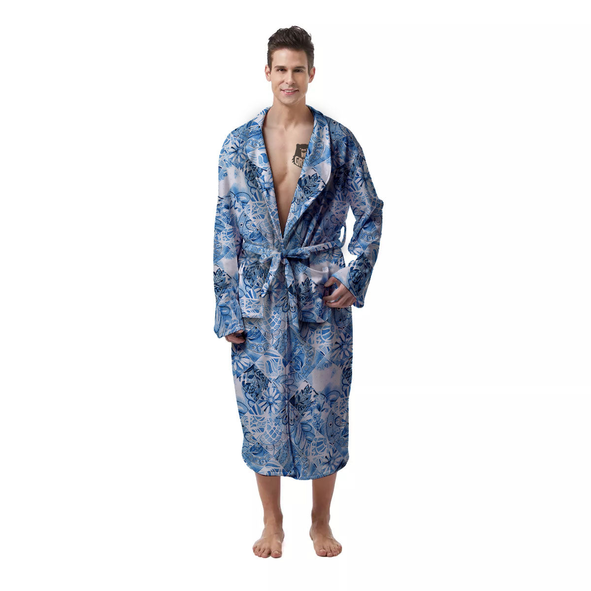 Patchwork Blue Flower Print Pattern Men's Robe