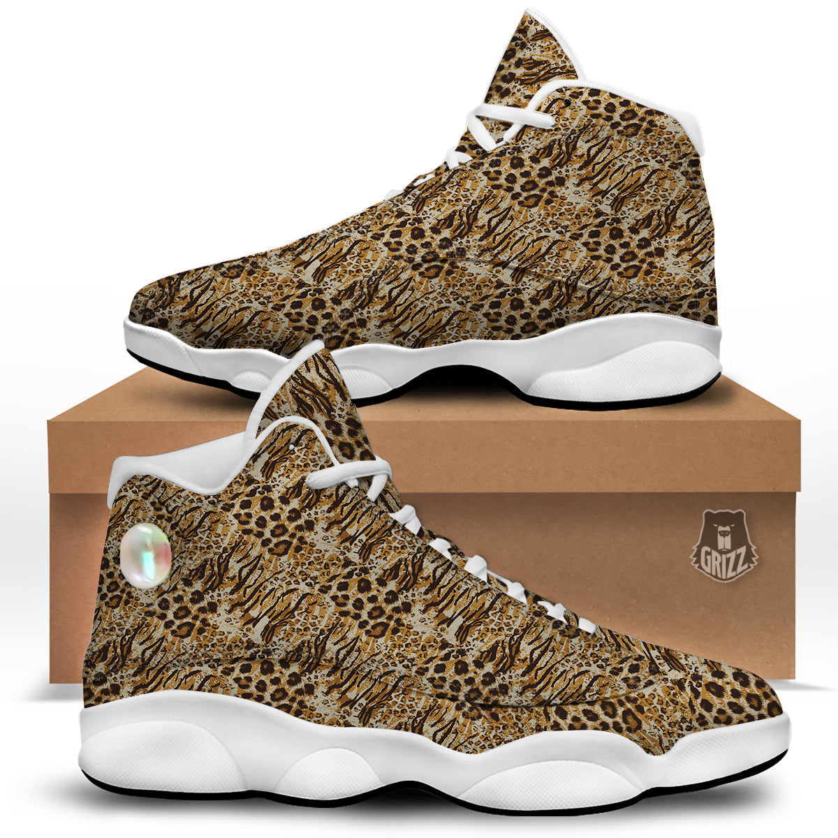 Patchwork Tiger Skin Print Pattern White Basketball Shoes