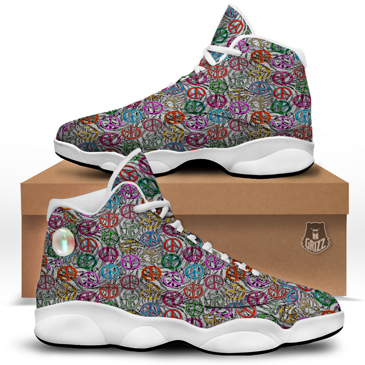 Peace Signs Zebra Print Pattern White Basketball Shoes