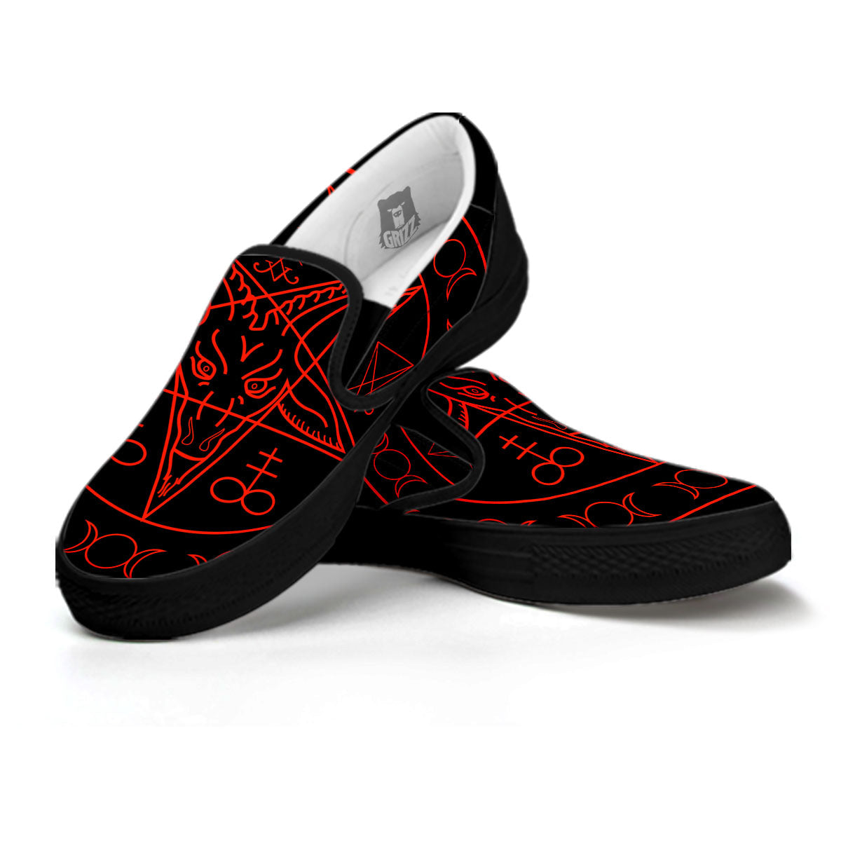Pentagram Symbol Red Satanic Print Black Slip On Shoes