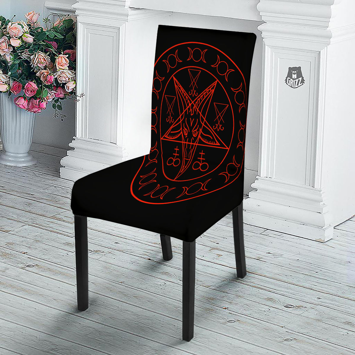 Pentagram Symbol Red Satanic Print Dining Chair Slipcover