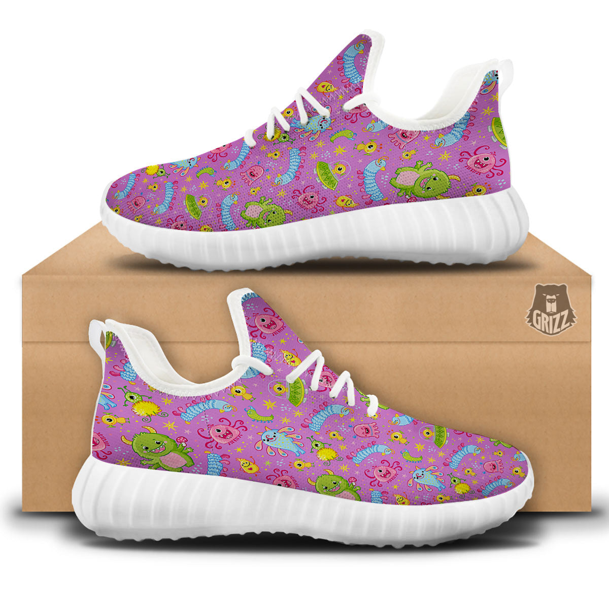 Pink Alien And Cute Monsters Print Pattern White Walking Shoes