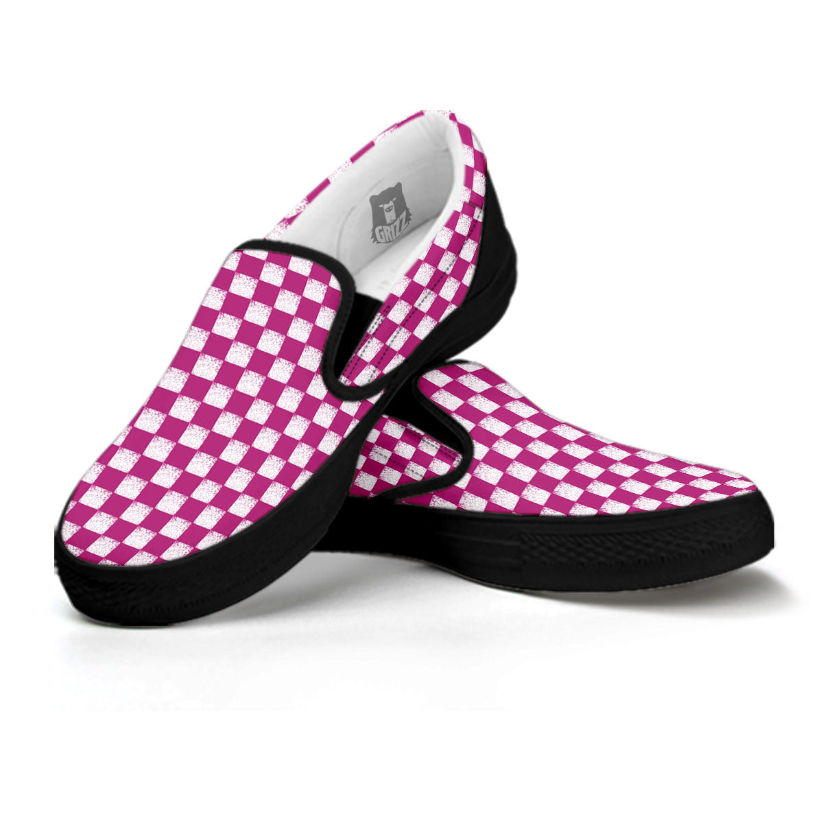 Pink And White Checkered Print Pattern Black Slip On Shoes
