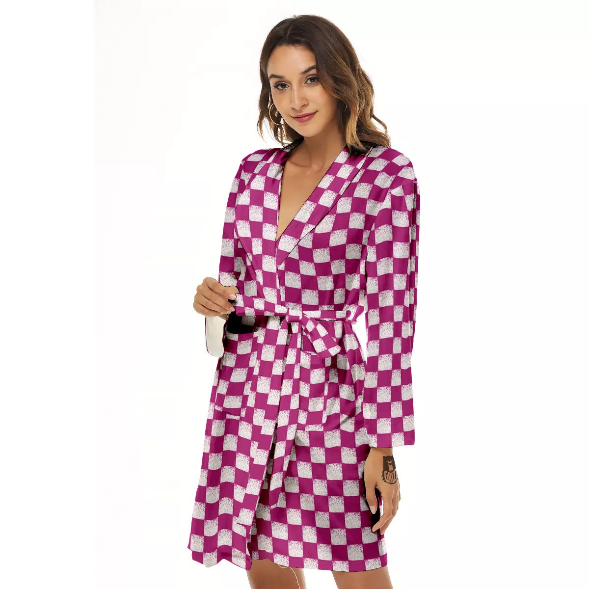 Pink And White Checkered Print Pattern Women's Robe