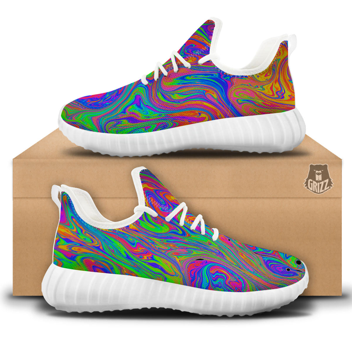 Pink Psychedelic Trippy Neon Green Print White Walking Shoes