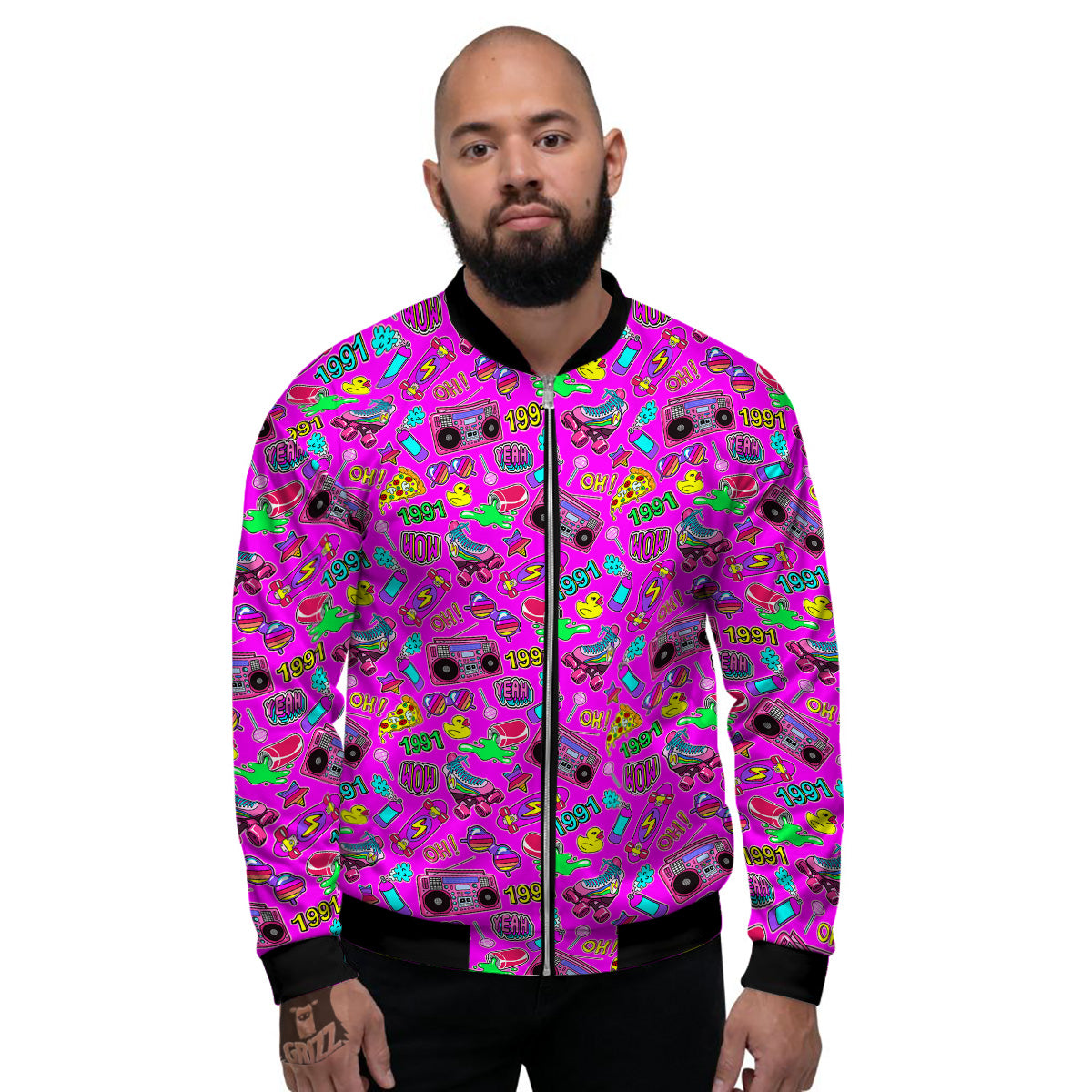Pink Retro Stickers 90s Print Pattern Men's Bomber Jacket