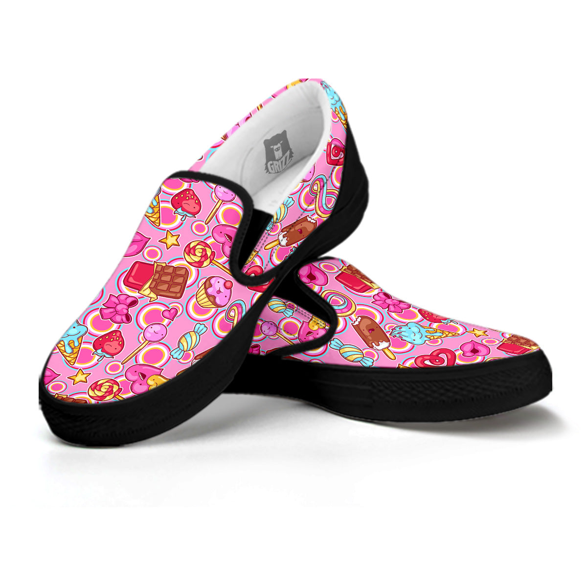 Pink Sweet Candy Print Pattern Black Slip On Shoes