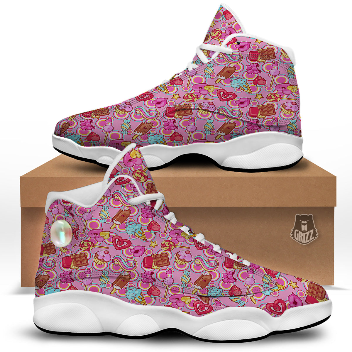 Pink Sweet Candy Print Pattern White Basketball Shoes