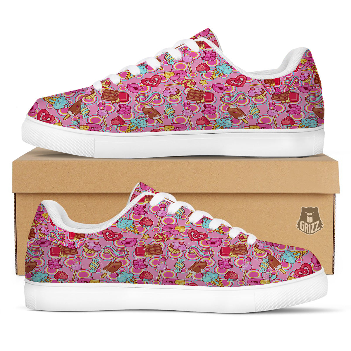 Pink Sweet Candy Print Pattern White Low Top Sneakers