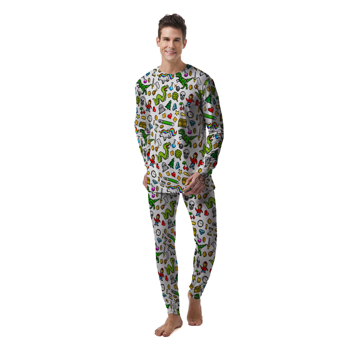 Pixel Art 8 Bit Retro Cartoon Print Pattern Men's Pajamas