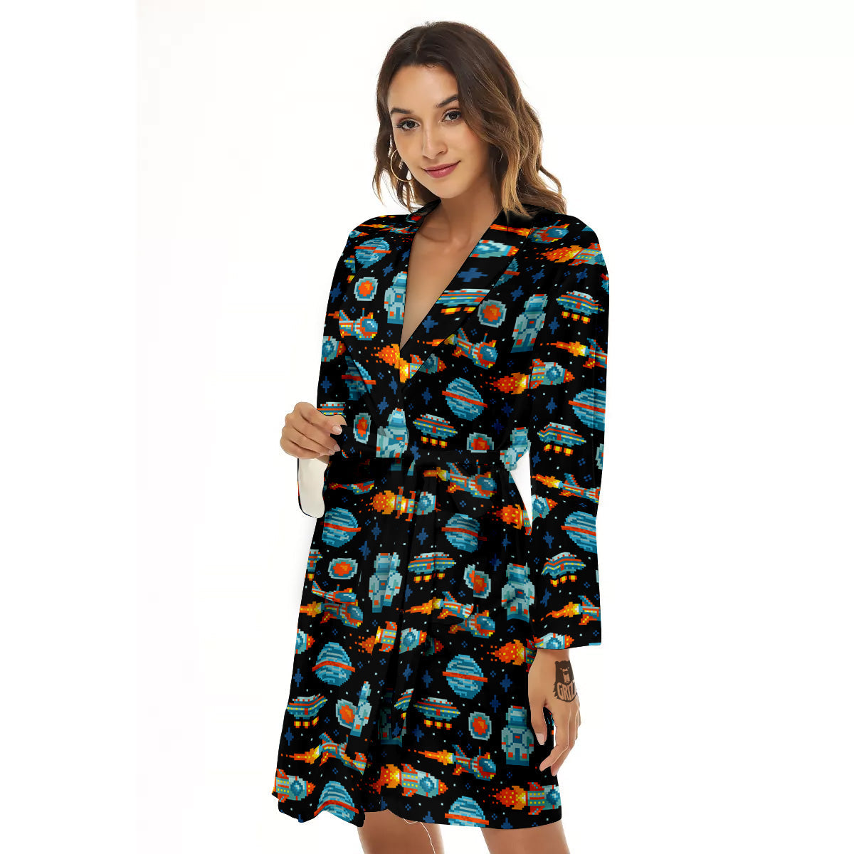 Pixel Art Space 8 Bit Print Pattern Women's Robe