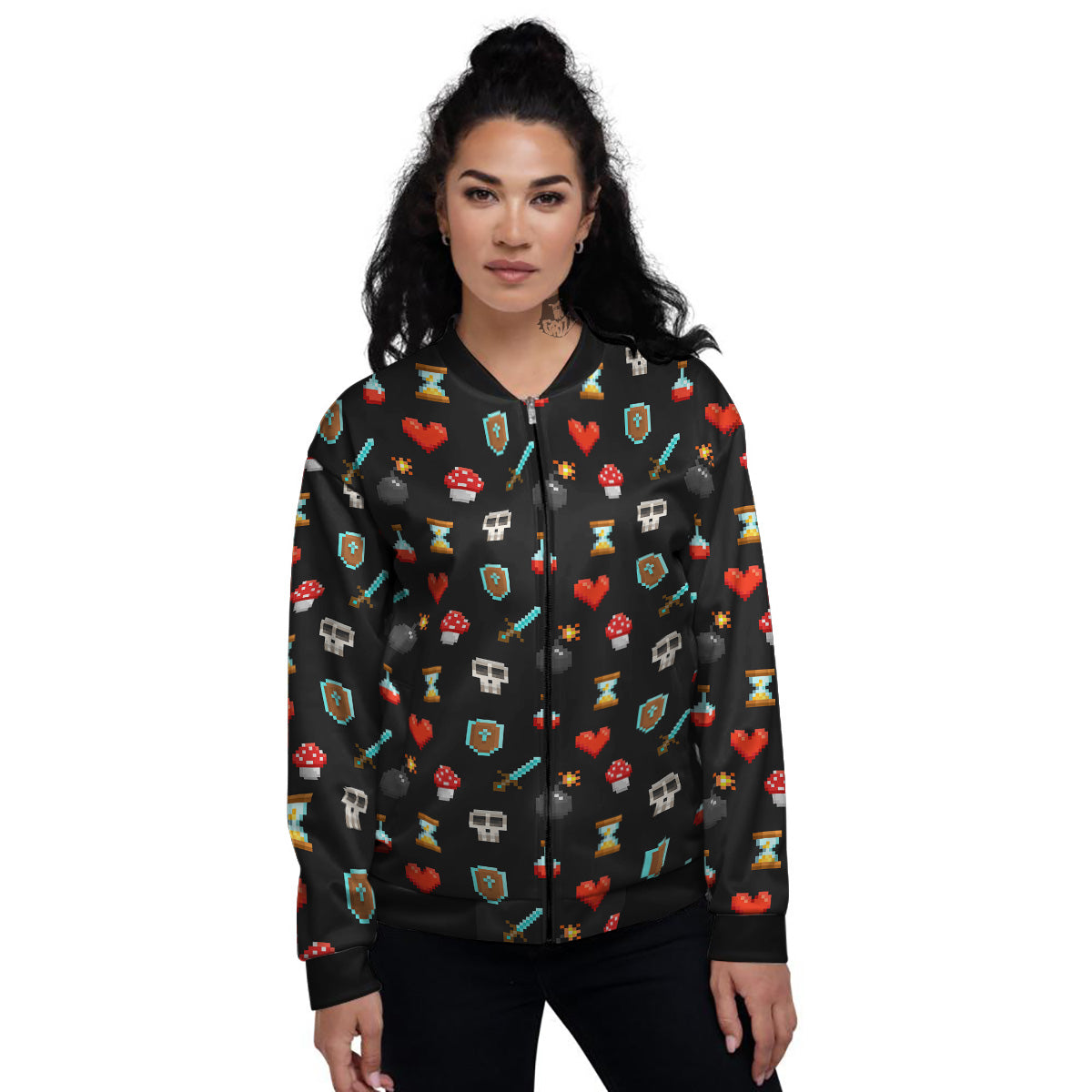 Pixel Graphics Game Icons Print Pattern Women's Bomber Jacket