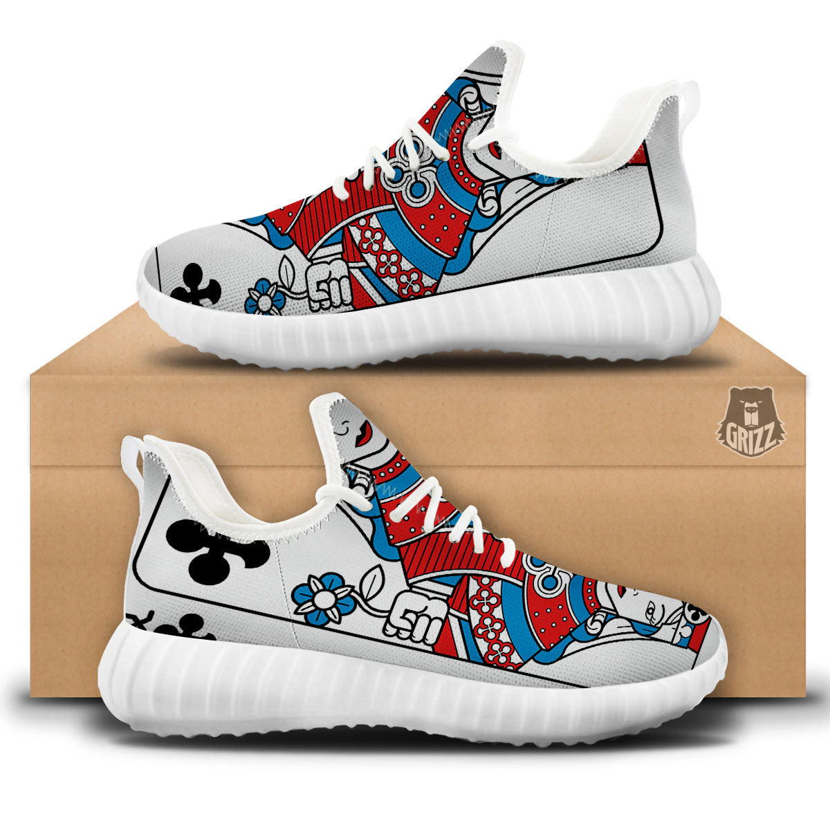 Playing Card Queen Of Clubs Print White Walking Shoes