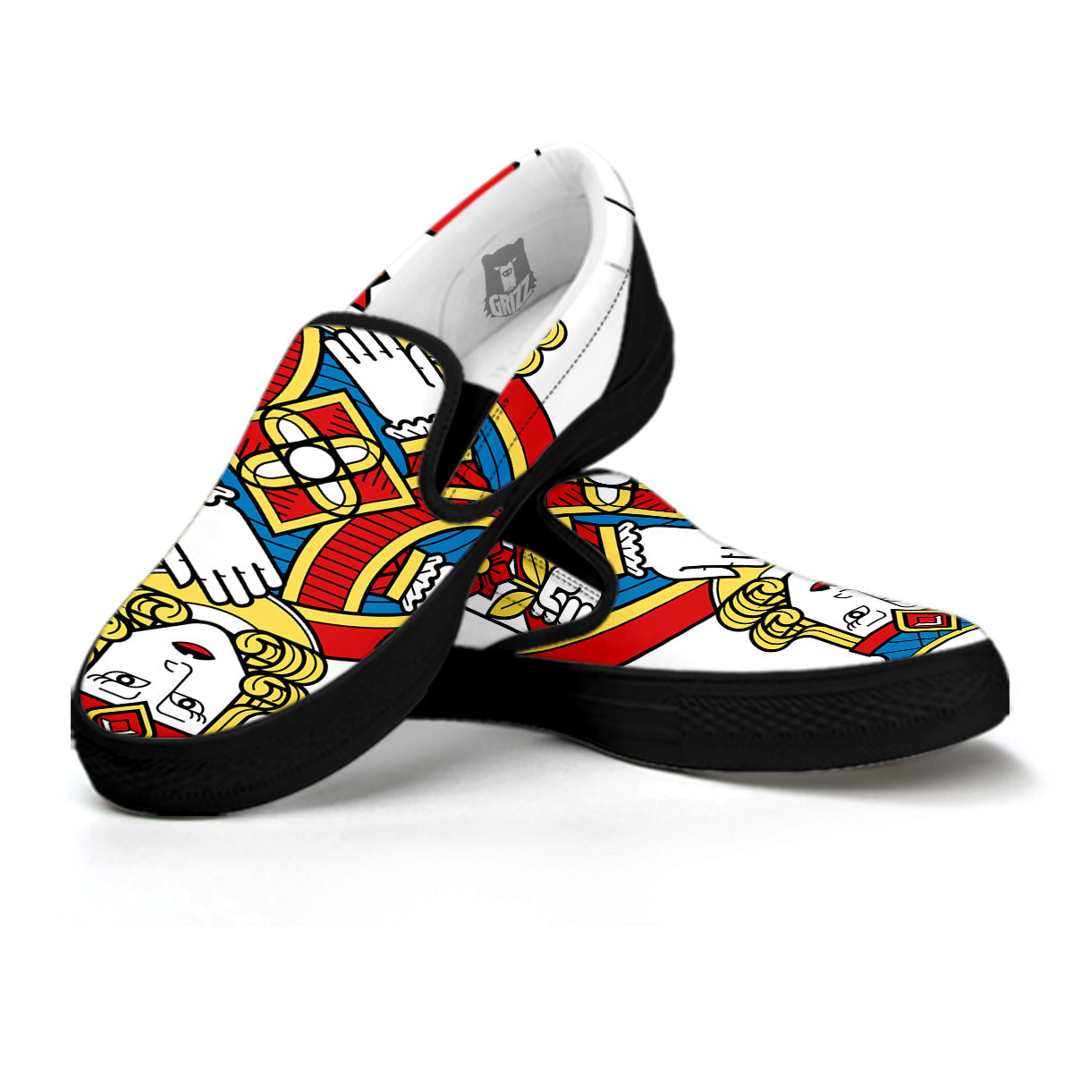 Playing Card Queen Of Diamonds Print Black Slip On Shoes