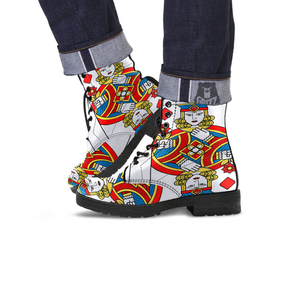 Playing Card Queen Of Diamonds Print Leather Boots