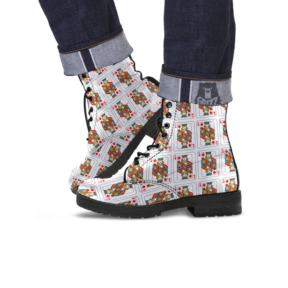 Playing Card Queen Of Diamonds Print Pattern Leather Boots