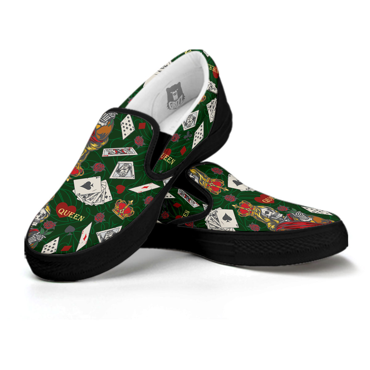 Playing Card Queen Of Spades Print Pattern Black Slip On Shoes